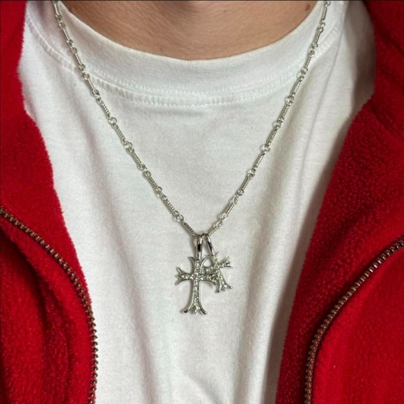 Accessories | Vintage Y2k Style Double Cross Silver Necklace Rhinestone ...